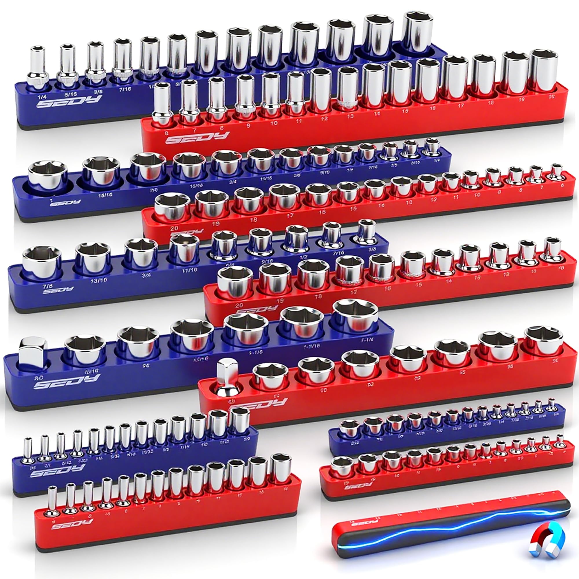 12-Piece 1/4" 3/8" 1/2"-Drive SAE & Metric Magnetic Socket Organizer ...