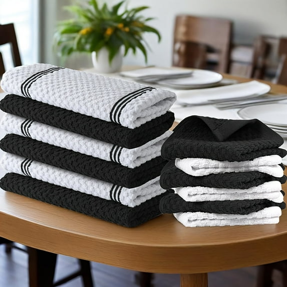 12-Piece 100% Cotton Kitchen Towel Set - 6 Hand Towels (15"x25") 6 Wash ...