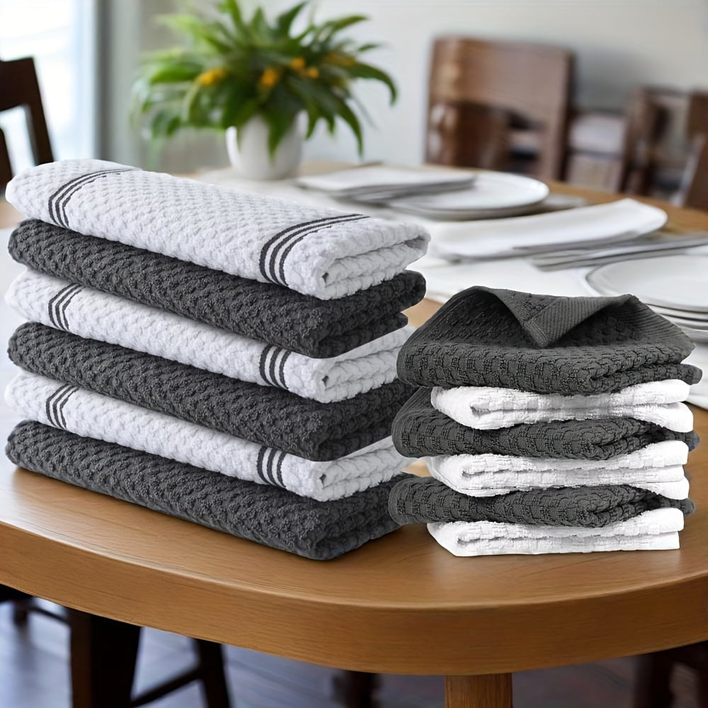 12-Piece 100% Cotton Kitchen Towel Set - 6 Hand Towels (15"x25") 6 Wash ...