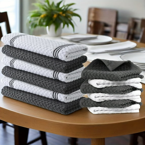 12-Piece 100% Cotton Kitchen Towel Set - 6 Hand Towels (15"x25") 6 Wash ...