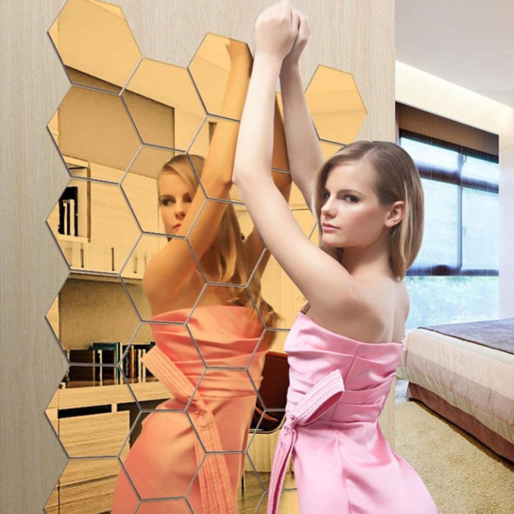 12 Piece 3D Hexagon Acrylic Mirror Wall Stickers DIY Art Decoration ...