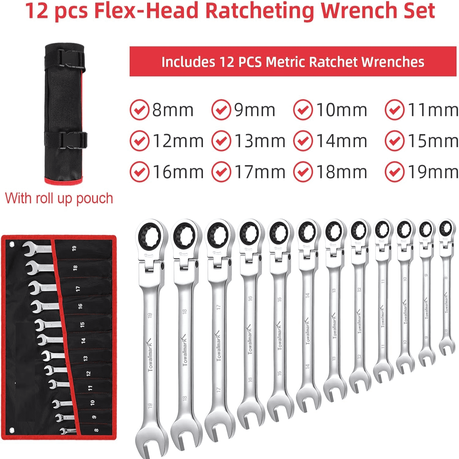 12-Piece 9-18mm Metric Flex-Head Ratcheting Wrench Set,Cr-V Steel ...