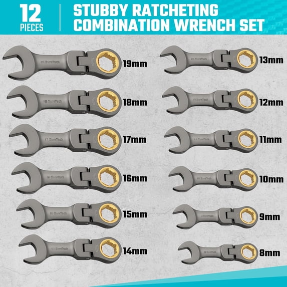 12-Piece Anti-Slip Flex-Head Ratcheting Wrench Set, Stubby Combination ...