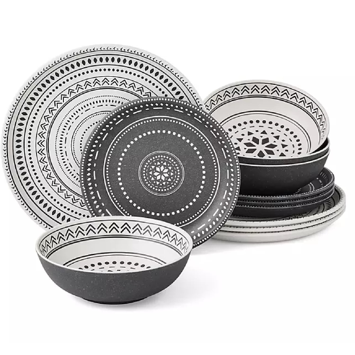 12-Piece Bamboo Melamine Dinnerware Set - Black and Grey - Walmart.com