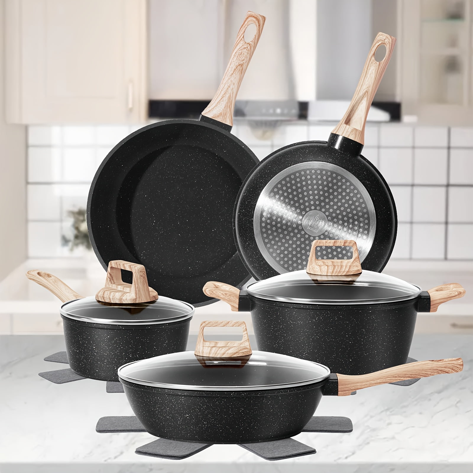 12-Piece Black Granite Non-Stick Cookware Set - Non-Toxic Healthy ...