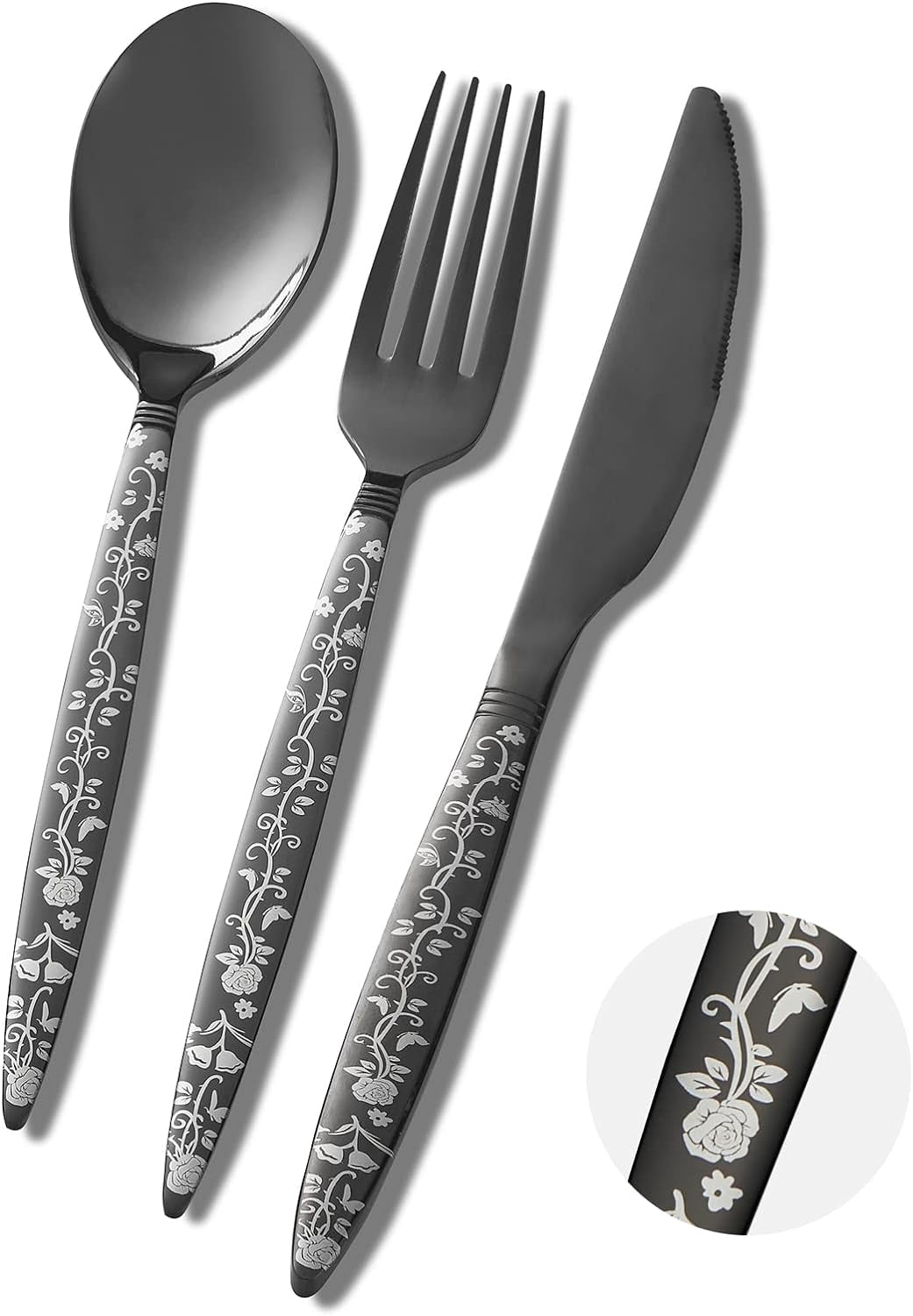 12-Piece Black Silverware Set, Flower Pattern Fancy Knife, Spoons and ...