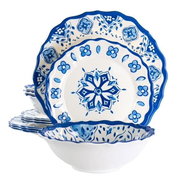 FastFood Blue Garden Scalloped Lightweight Melamine Dinnerware Set, 12 ...