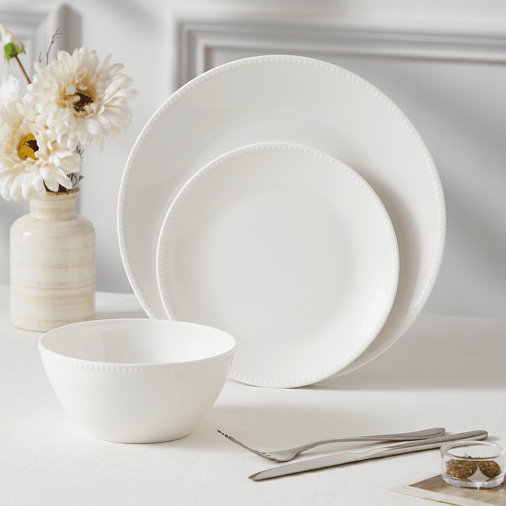 12 Piece Bone China Dinnerware Set, White Plates and Bowls Set for 4 ...