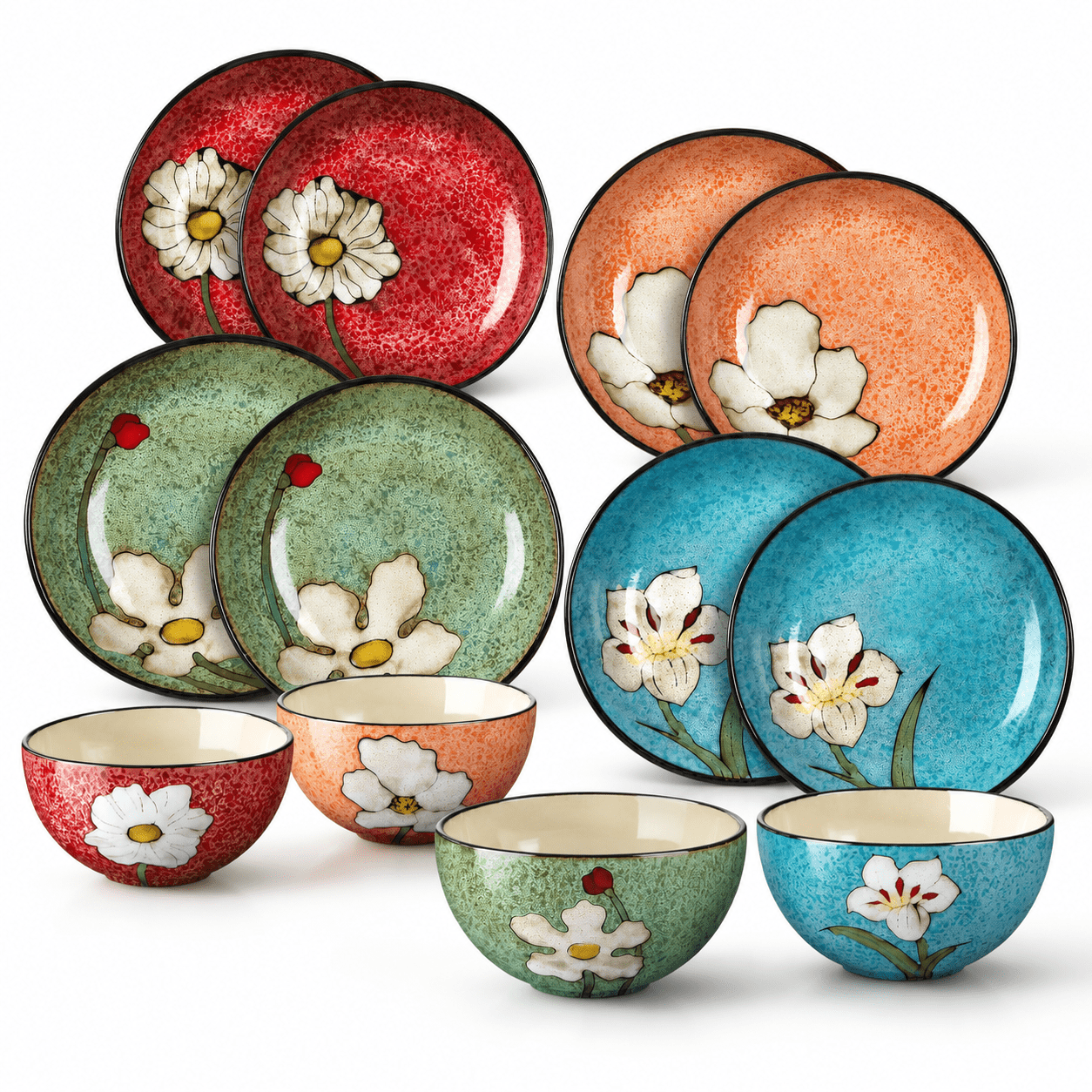 12-Piece Ceramic Dinnerware Set For 4, Colorful Floral Pattern ...