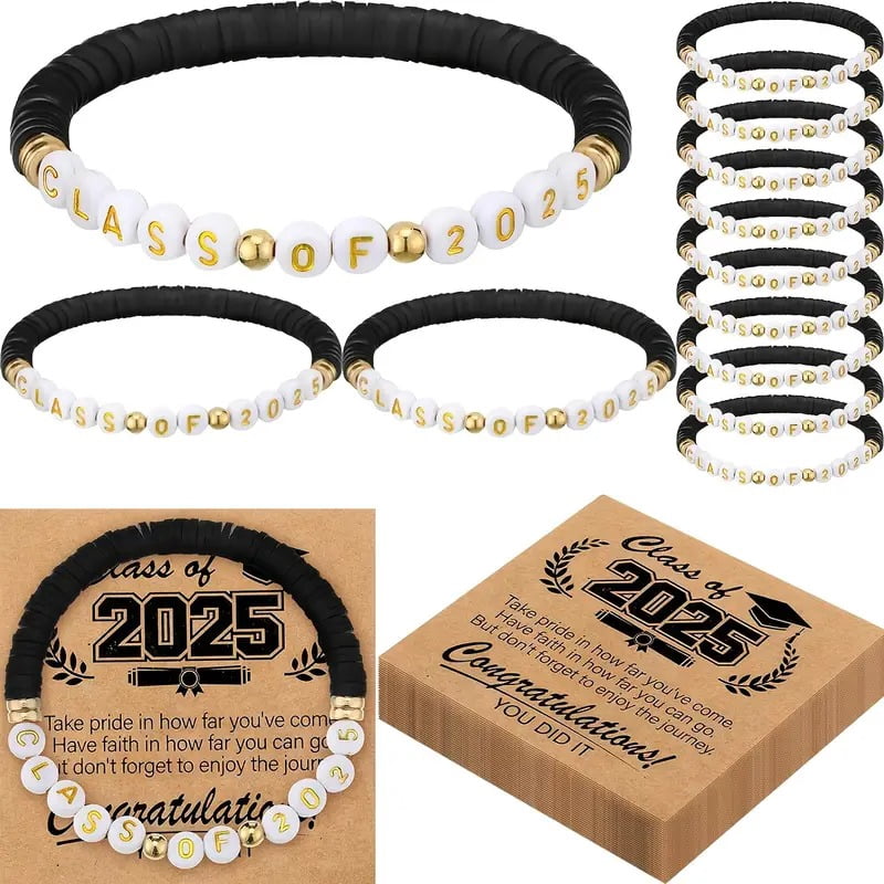 12-Piece Class of 2025 Graduation Bracelet Set - Black Resin Beads with ...