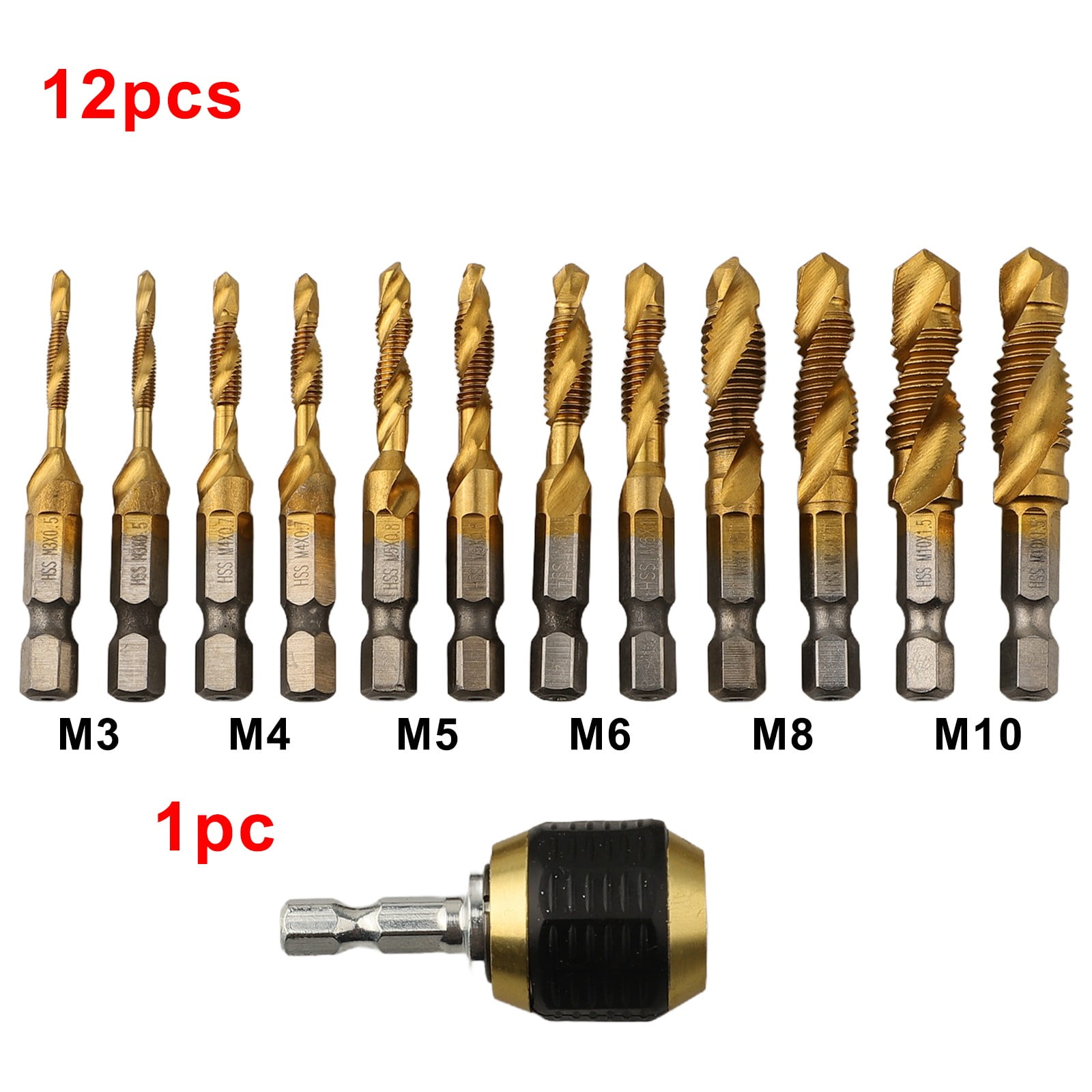 12-Piece Coated Compound Taps,50mm 1/4" Hex Shank Quick Change Adapter ...