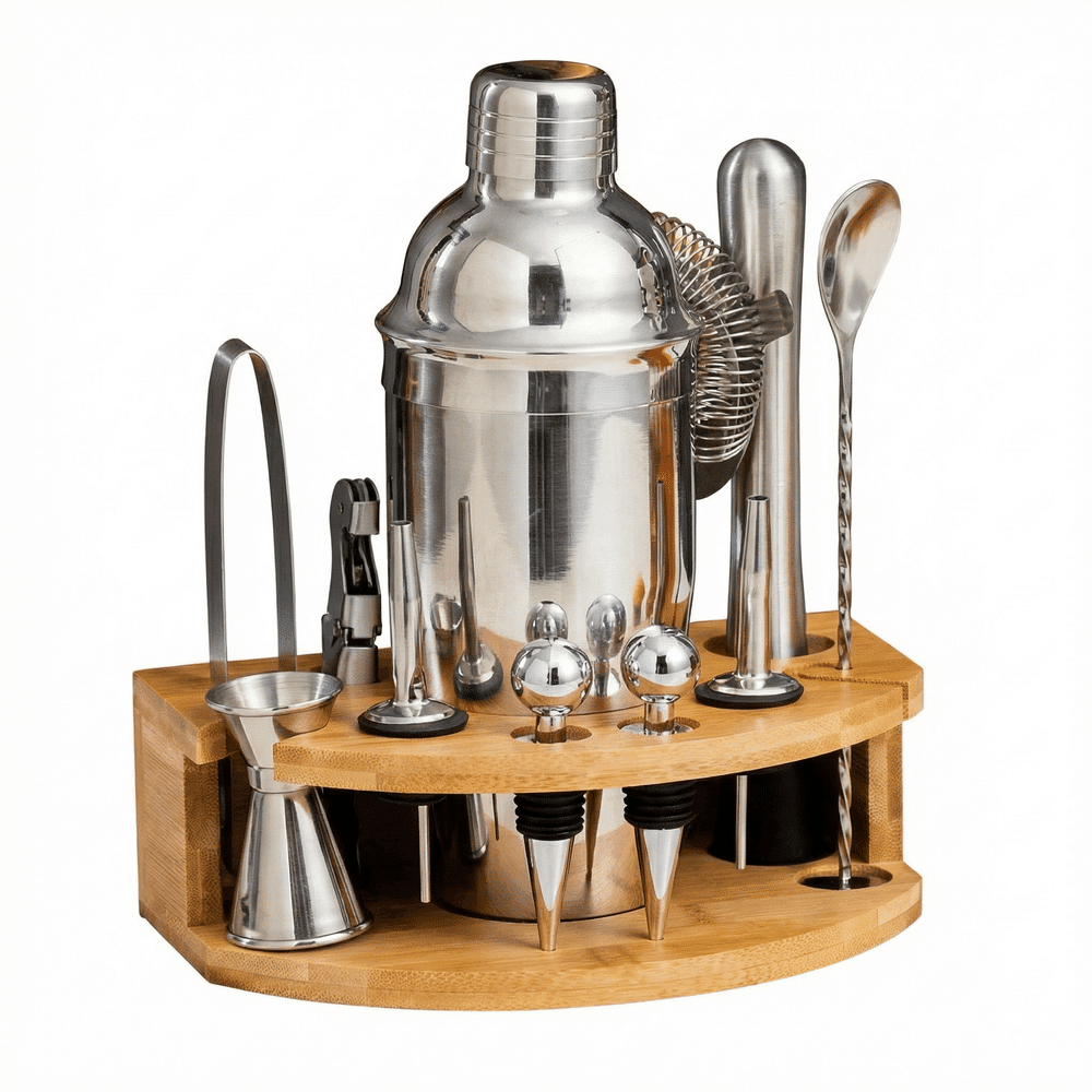12 Piece Cocktail Shaker Set with Bamboo Stand Professional Stainless ...