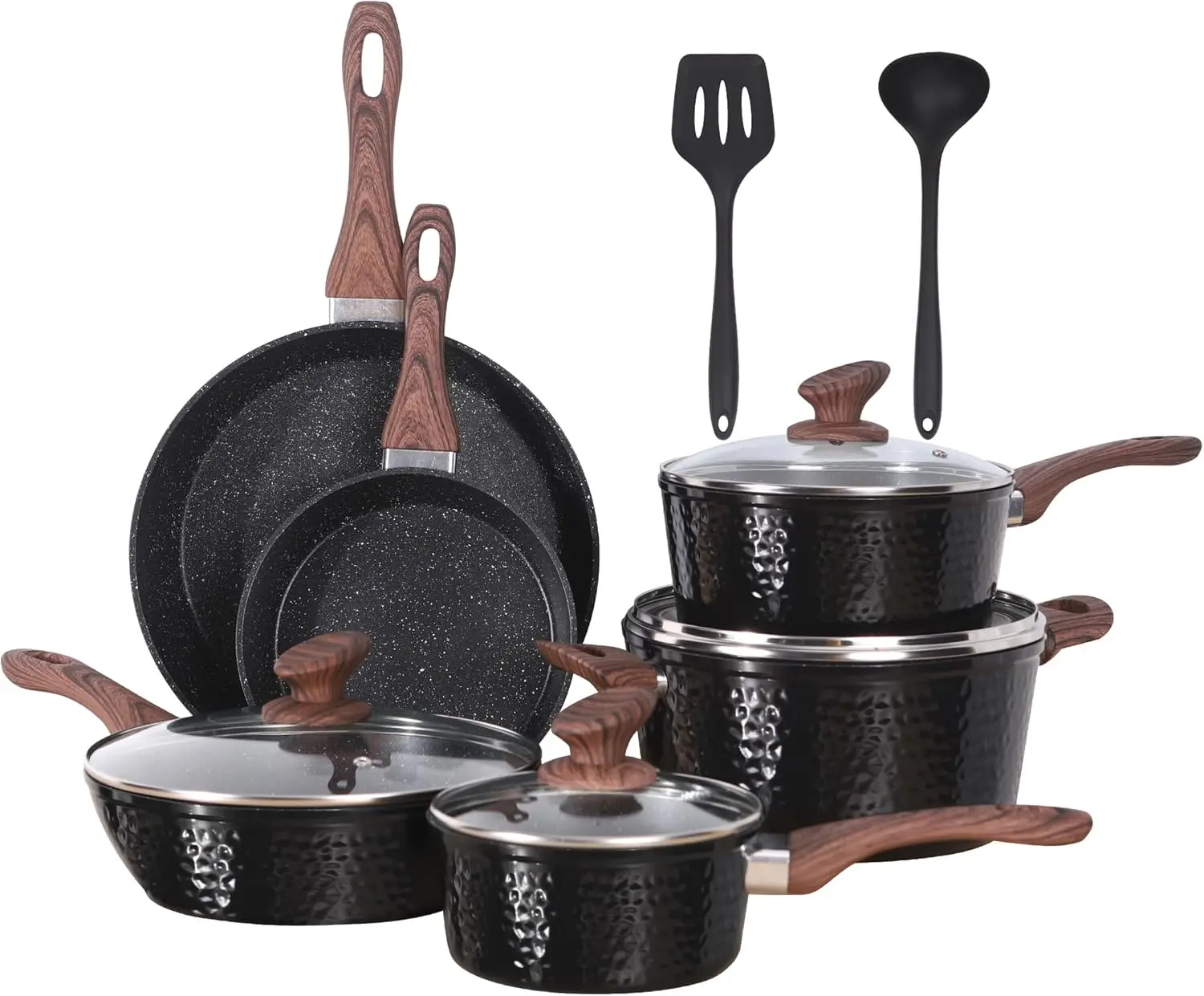 12 Piece Cooking Pan Set, Granite Black Nonstick Pots and Pans Set ...