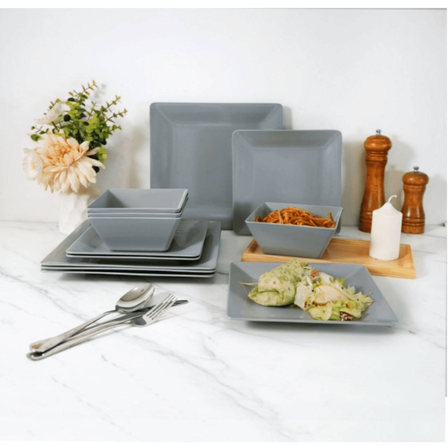 12-Piece Dinnerware Set, Melamine Dishes Set with Bowls and Plates, Non ...