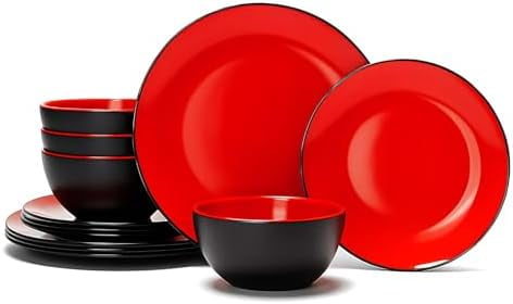 12-Piece Dinnerware Set, Melamine Dishes Set with Bowls and Plates, Non ...