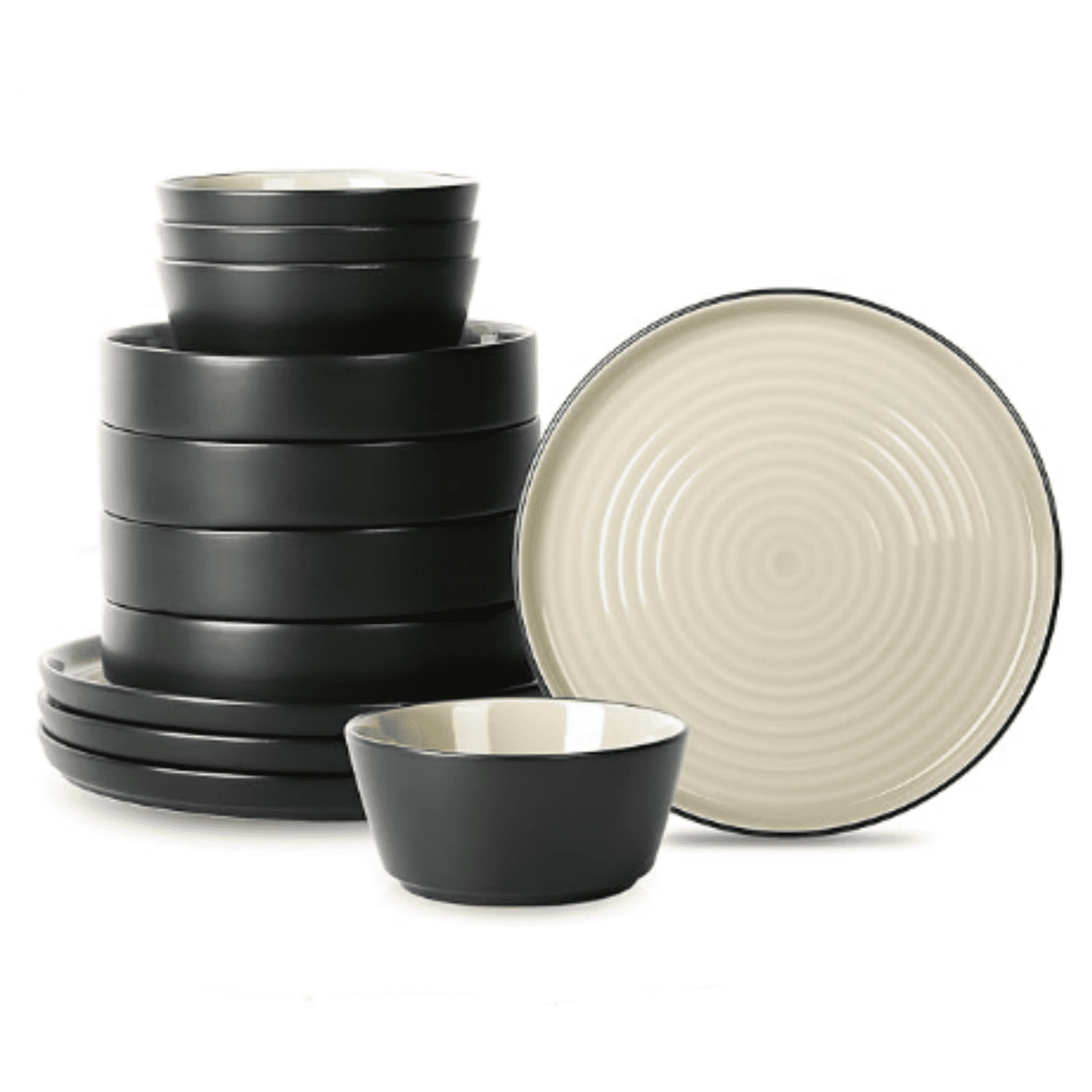 12-Piece Dinnerware, Plates and Bowls Sets, Service for 4, Beige and ...