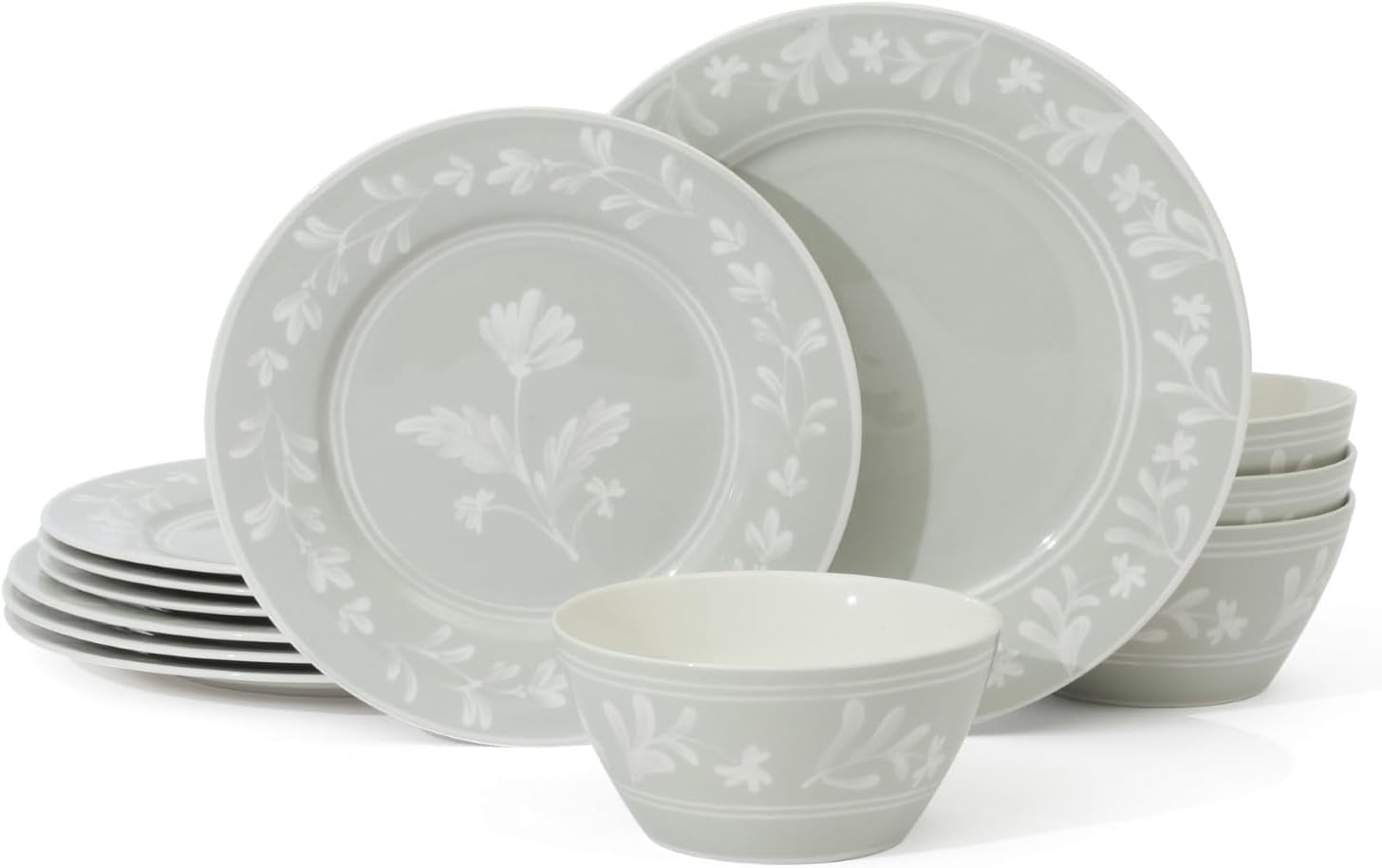 12-Piece Dinnerware Set in Sage Green – Service for 4 – Bone China ...