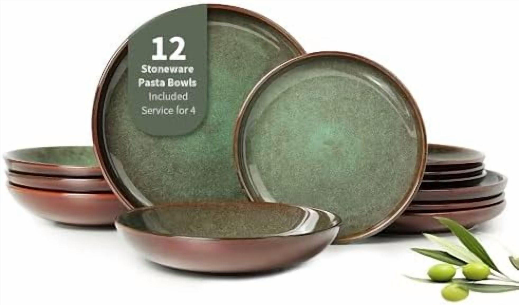 12 Piece Dinnerware Sets with Pasta Bowls, Stain Resistant Dish Set ...
