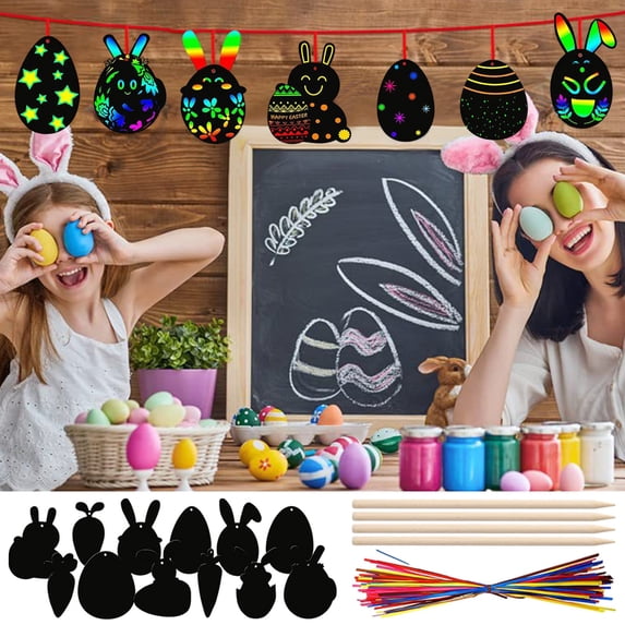 12 Piece Easter Scratch Paper Art Set Radish Eggs Shape With Ribbon ...