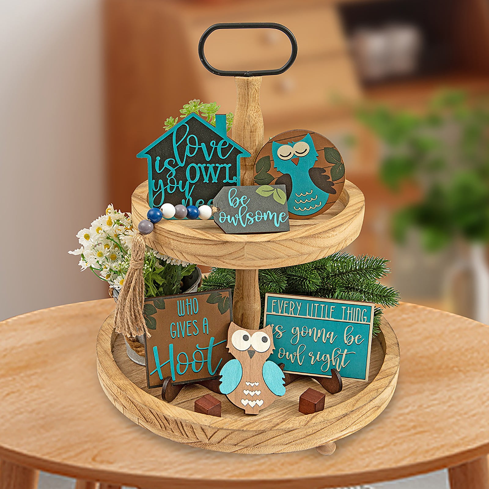 12-Piece Farmhouse Owl Tiered Tray Decor Bundle - Layered Wooden Signs ...