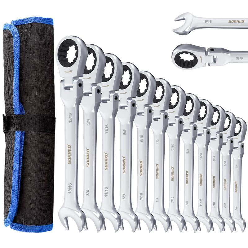 12-Piece Flex Head Ratcheting Wrench Set - SAE 1/4" to 13/16" Chrome Vanadium Steel ...