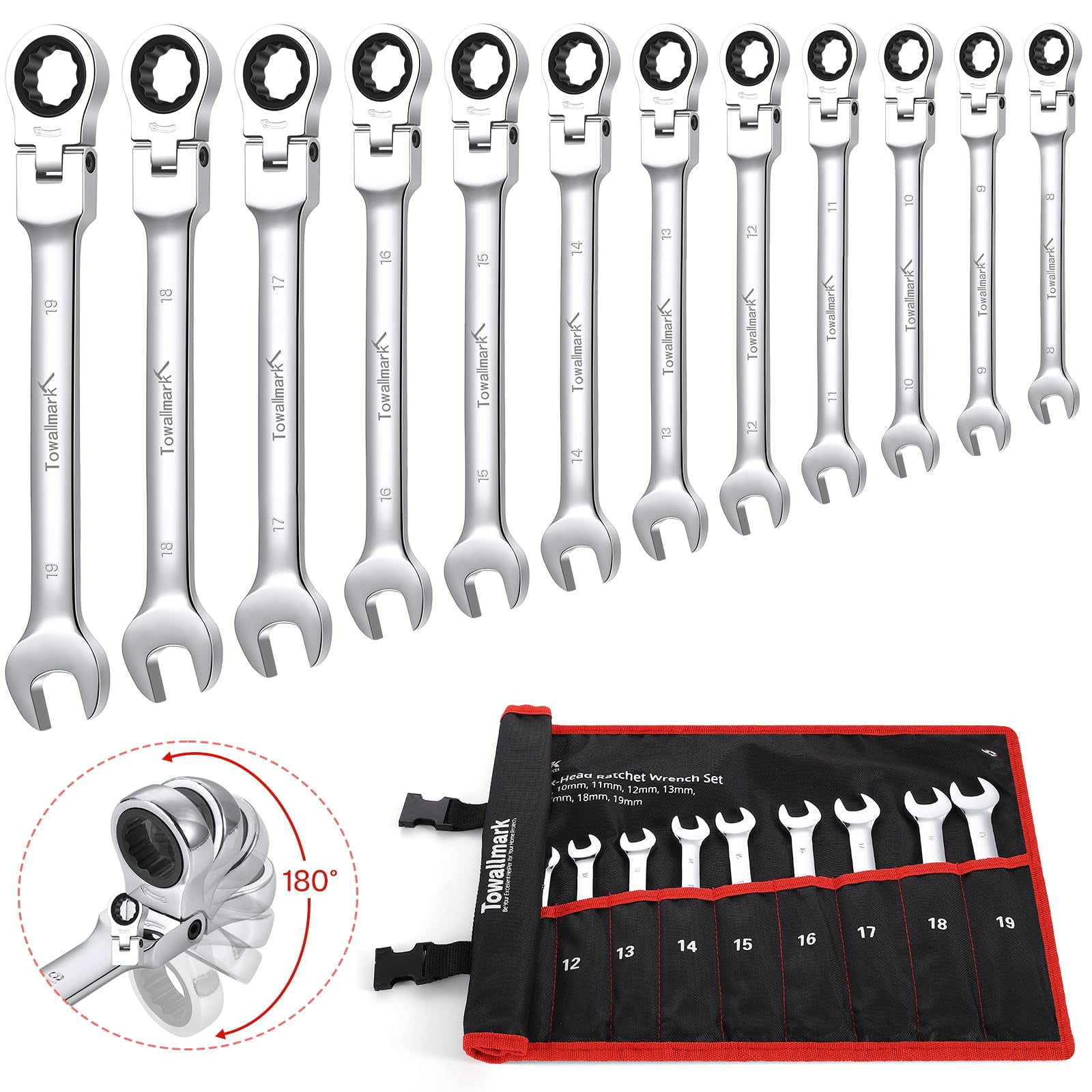 12-Piece Flex-Head Wrench Set, Ratcheting Combination Set, Metric 9 ...