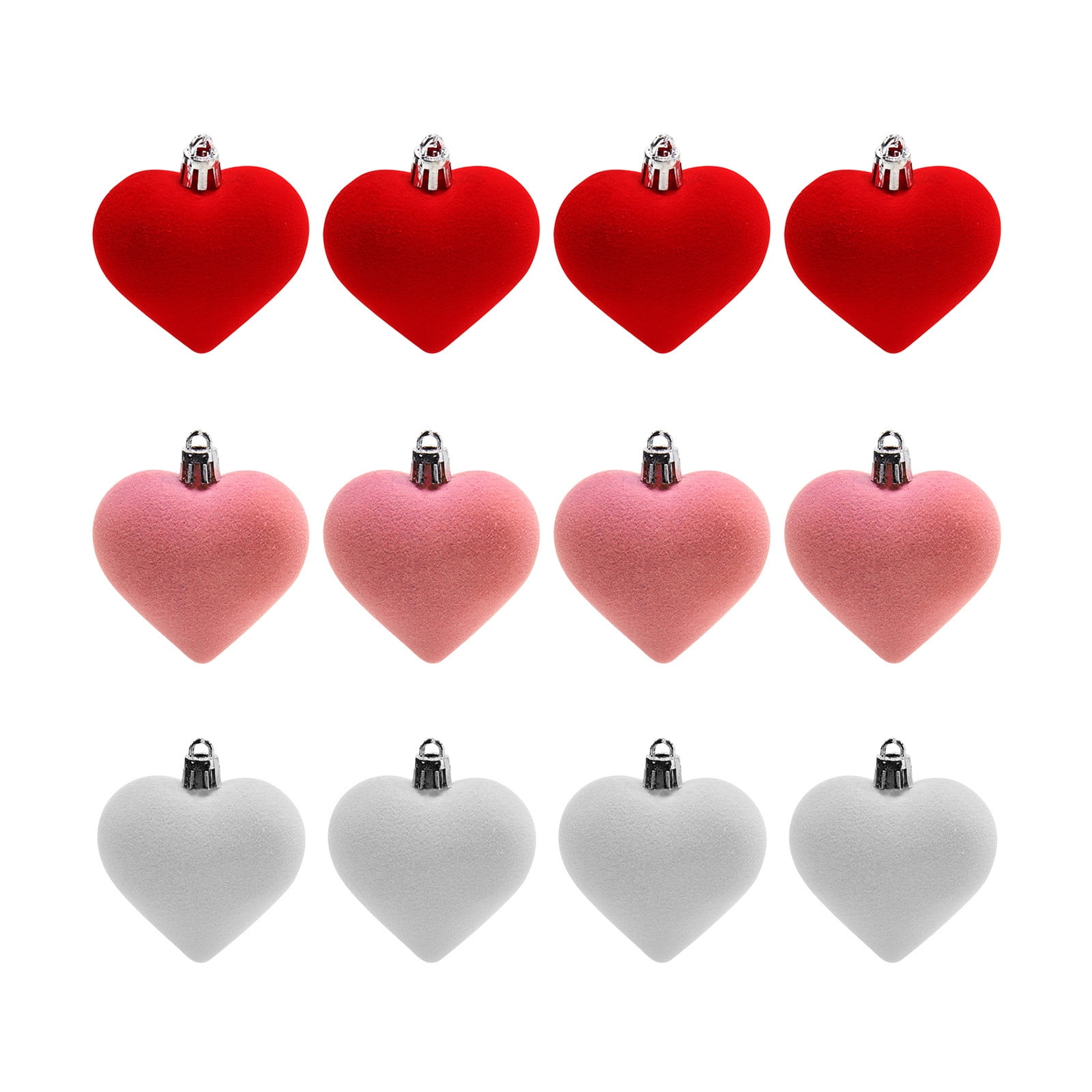 12-Piece Flocked Heart Ornaments Set in Red White Pink，Glossy Matte and ...