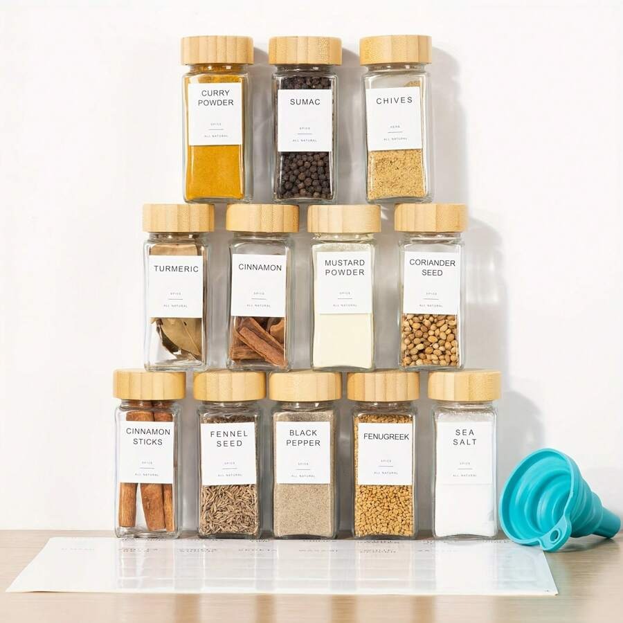 12-Piece Glass Spice Jar Set – Airtight Bamboo Lids + Shaker Tops ...