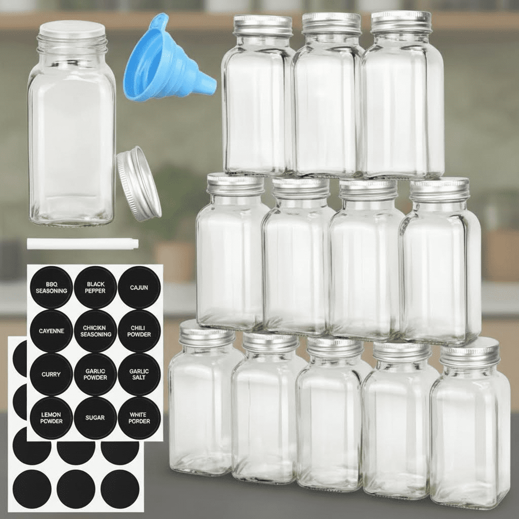 12-Piece Glass Spice Jars Set with 4oz Capacity, Includes Metal Caps ...