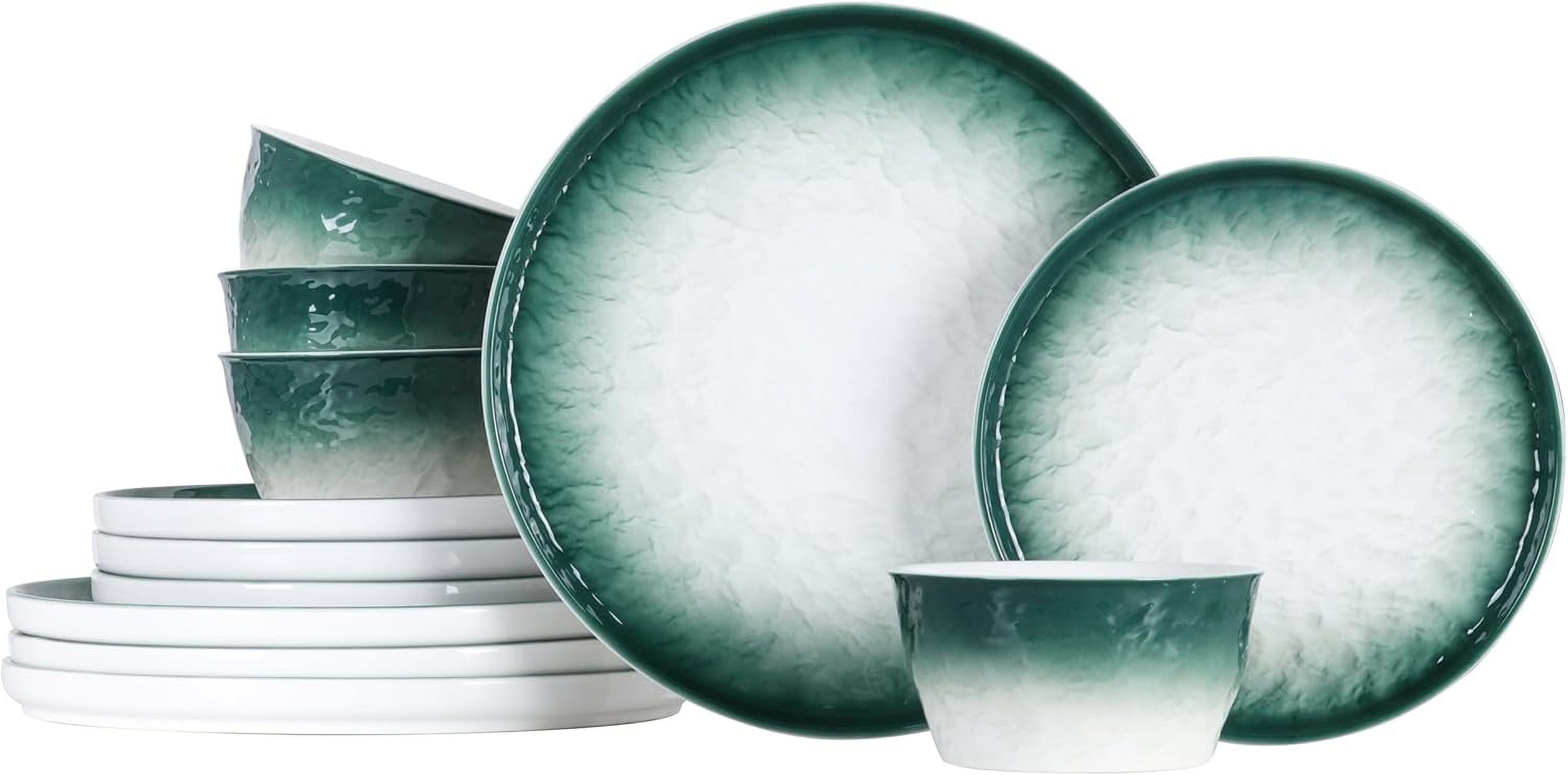 12-Piece Gradient Green Ceramic Dinnerware Set, Chip-Resistant ...