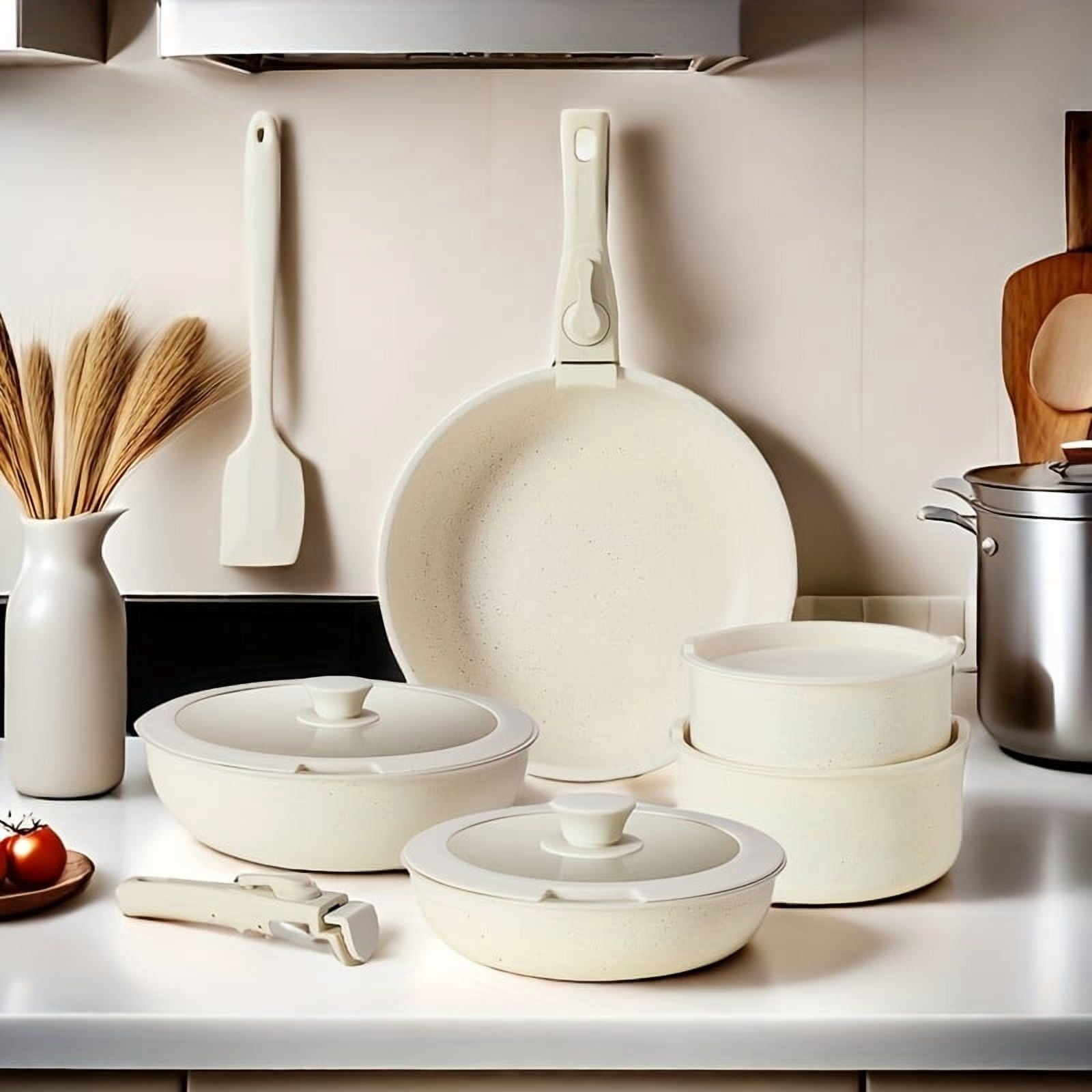 12-Piece Granite Nonstick Cookware Set - Detachable Handles, Space ...