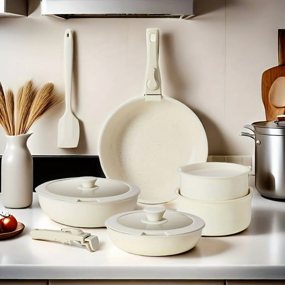 12-Piece Granite Nonstick Cookware Set - Detachable Handles, Space ...