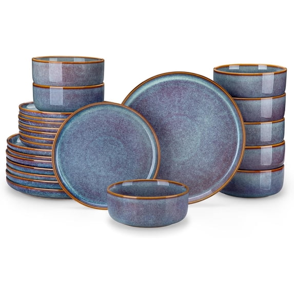 12-Piece Grey-Blue Reactive Glaze Dinnerware Sets Plates and Bowls ...