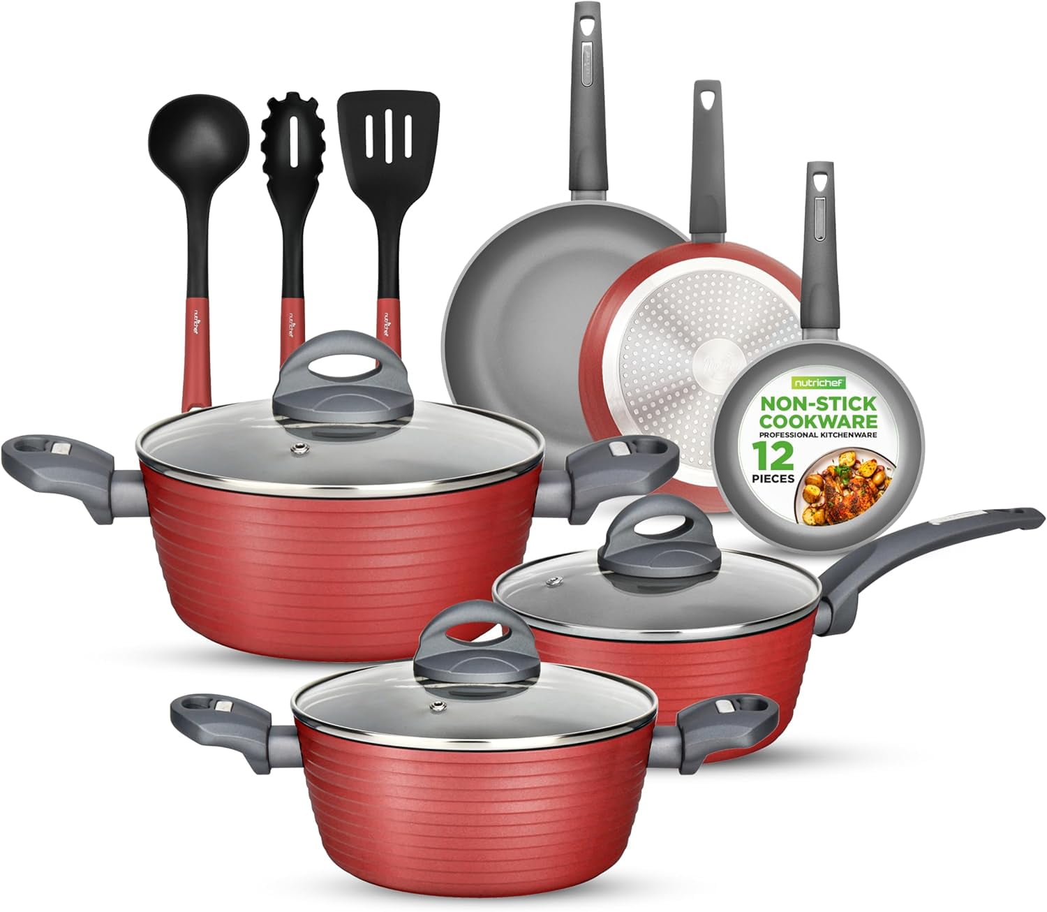 12-Piece Hard Anodized Nonstick Cookware Set - Induction Ready Pots & Pans with Elegant Ridge ...