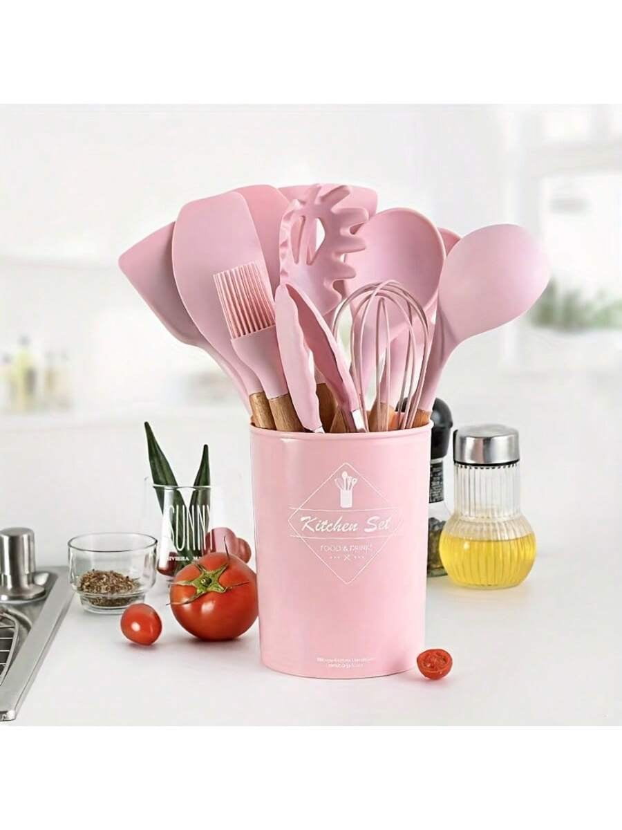 12-Piece Heat-Resistant Silicone Kitchen Utensil Set - Wooden Handle ...