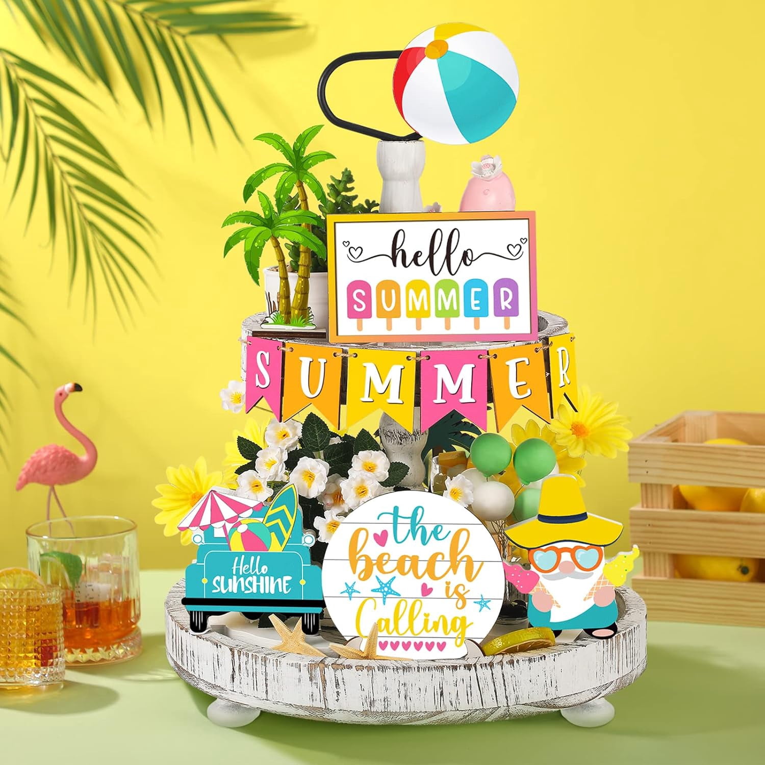 12-Piece Hello Summer Tiered Tray Decor Set, Colorful Rustic Wooden ...
