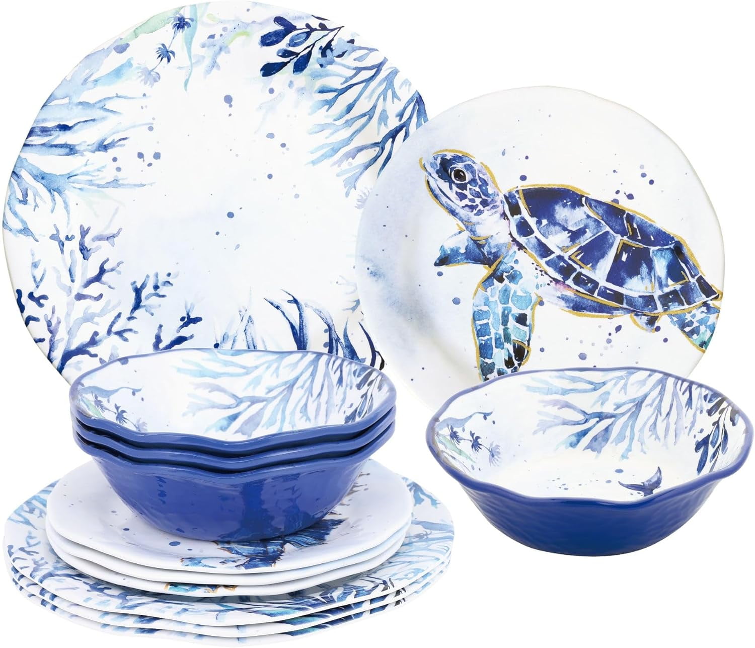 12 Piece Indigo Sea Life Melamine Dinnerware Sets, Outdoor Dishes Set ...