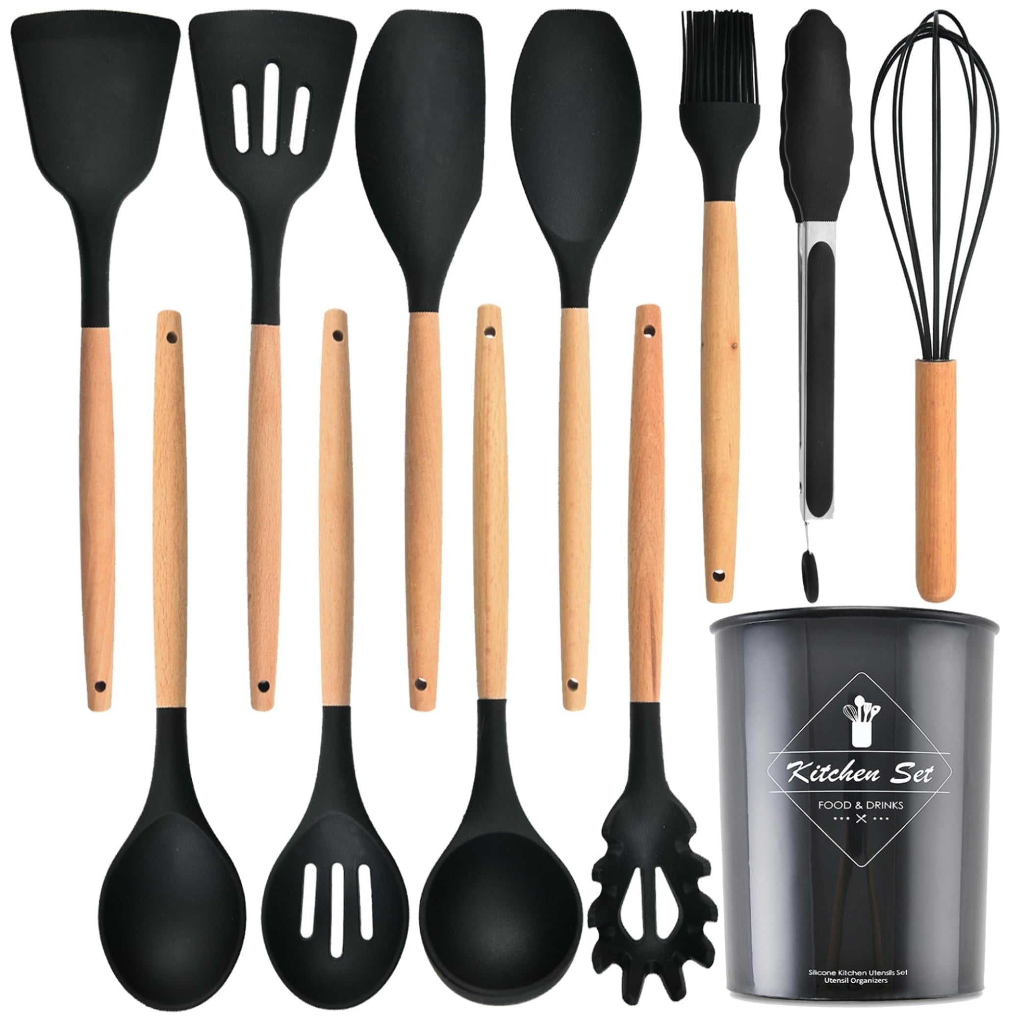 HRFXWL 12-Piece Kitchen Utensil Set, Silicone Heads, Acacia Wood ...