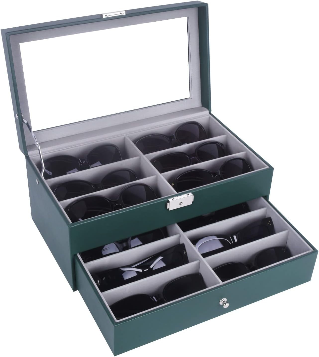 12 Piece Leather Eyeglasses and Sunglass Display Storage Lockable ...