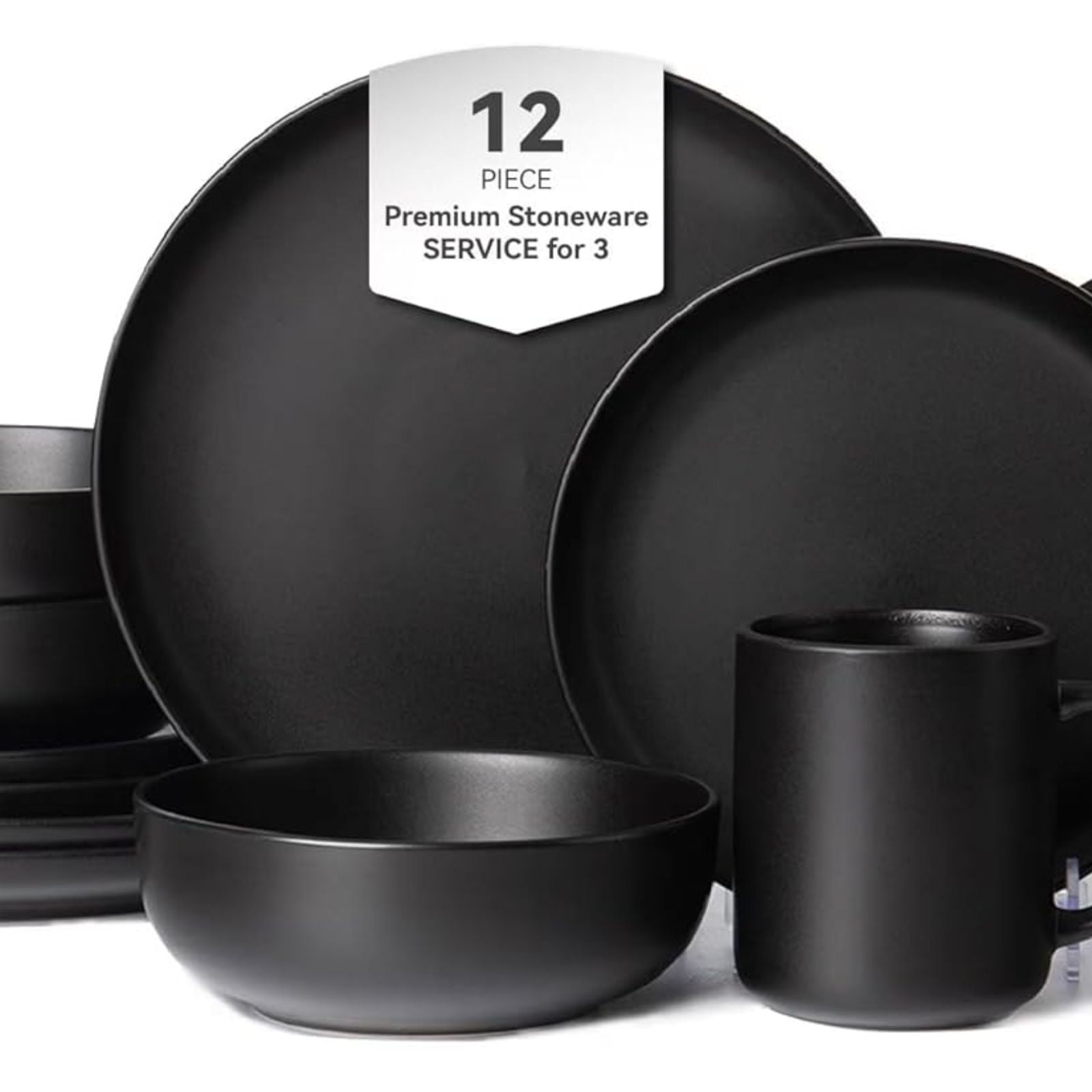 12-Piece Matte Black Dinnerware Set,Stoneware Dinnerware for 4 ...