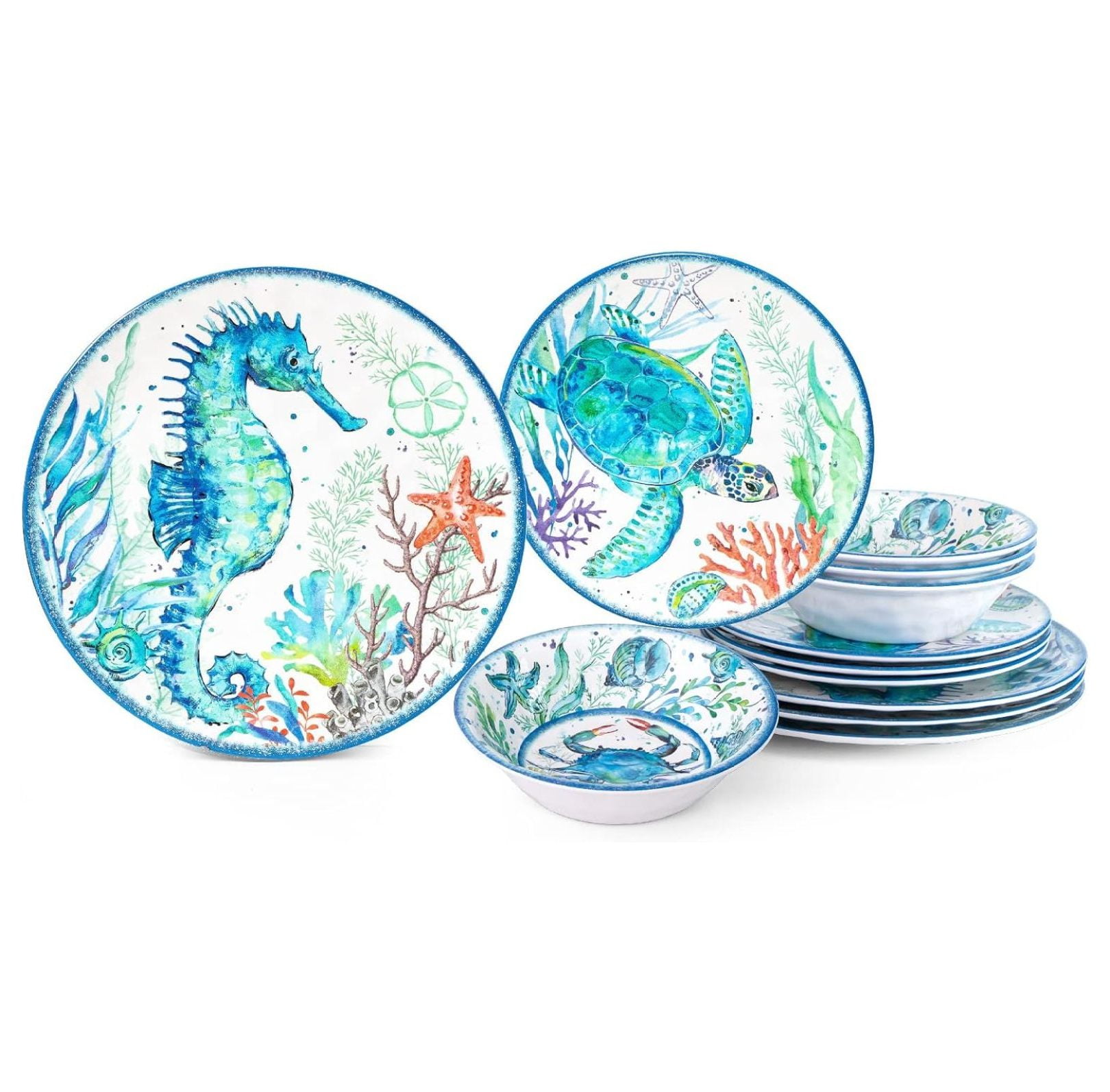 12-Piece Melamine Beach Dinnerware Set, Coastal Plates and Bowls Sets ...