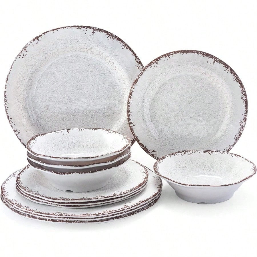 12 Piece Melamine Dinnerware Set Farmhouse Outdoor Dishes Set for 4 A ...