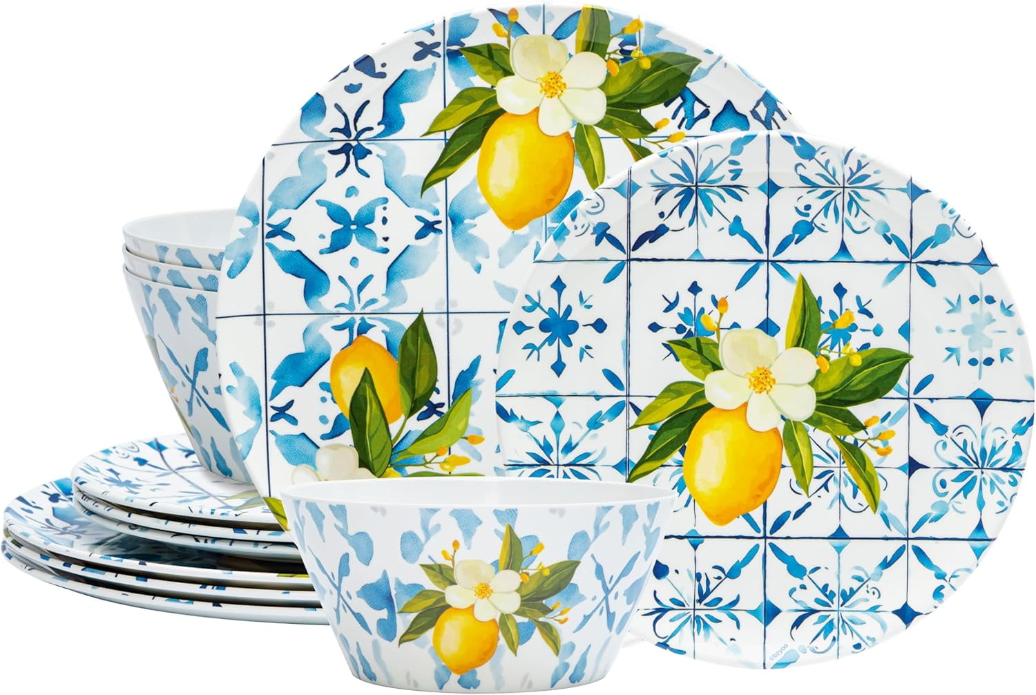 12-Piece Melamine Dinnerware Set - Lemon Tiles | Lightweight, Durable ...