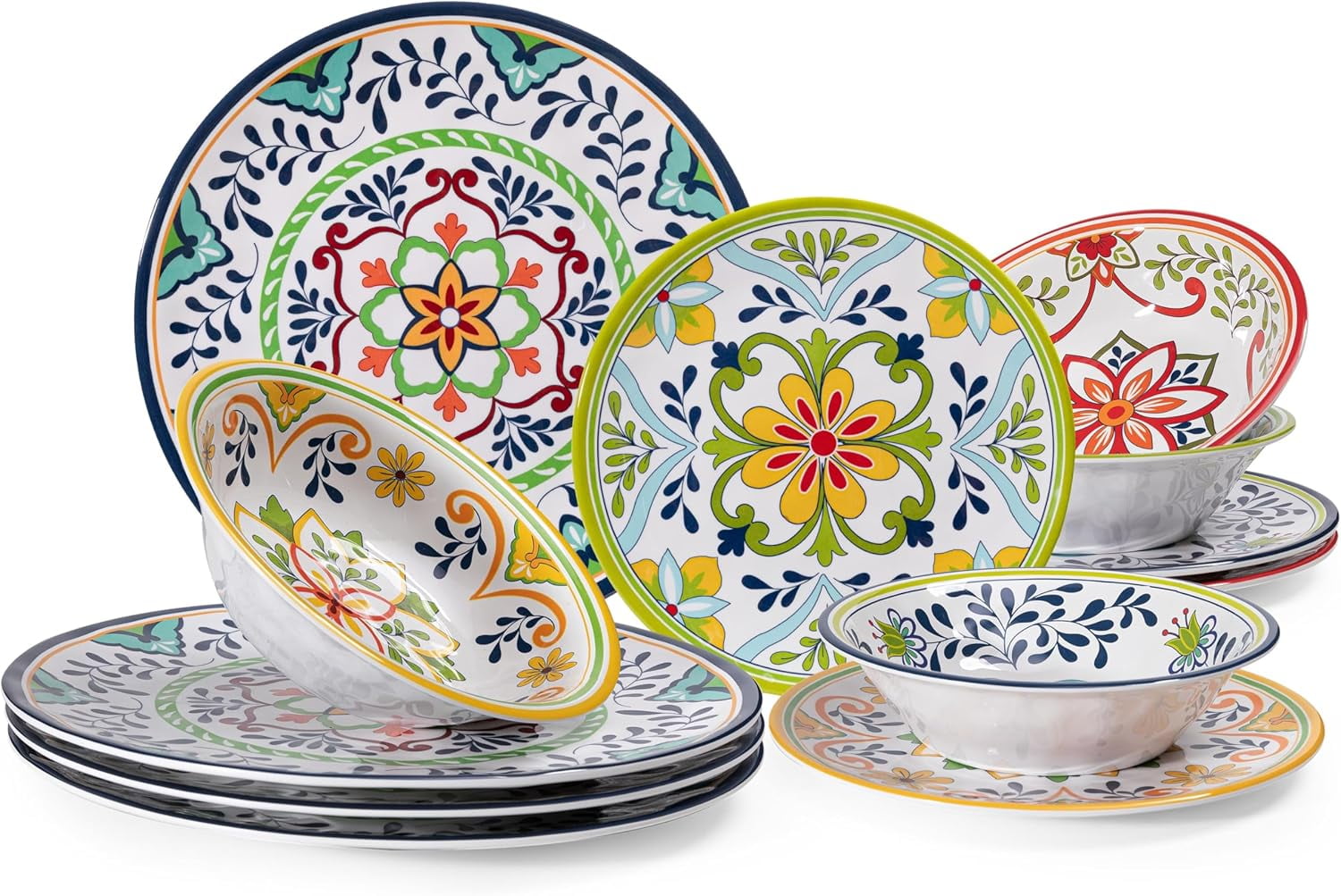 12-Piece Melamine Dinnerware Set for 4, Includes Dinner Plates Salad ...