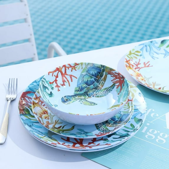 12-Piece Melamine Turtle Dinnerware Set, Ocean Plates and Bowls Sets ...