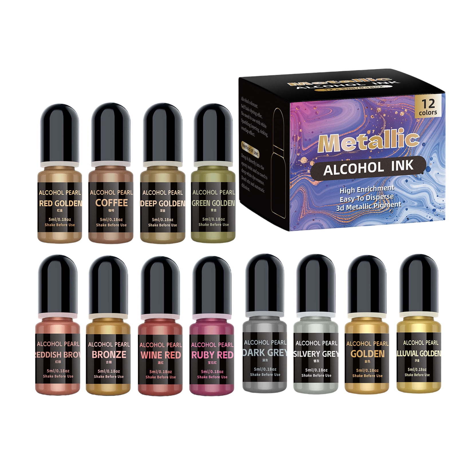 12 Piece Metallic Alcohols Inks Set for Resin Art and Scrapbooking Fast ...