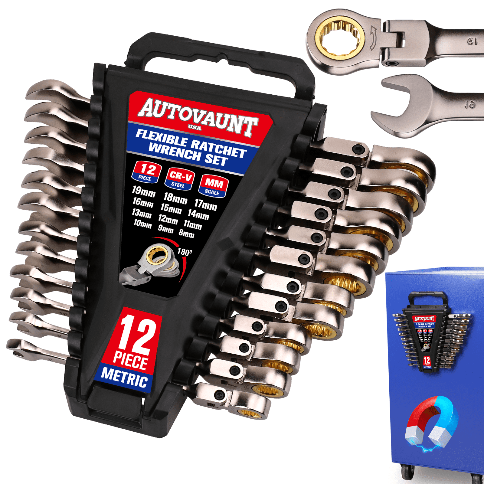 12-Piece Metric Flex-Head Ratcheting Wrench Set with Organizer | 8-19 ...