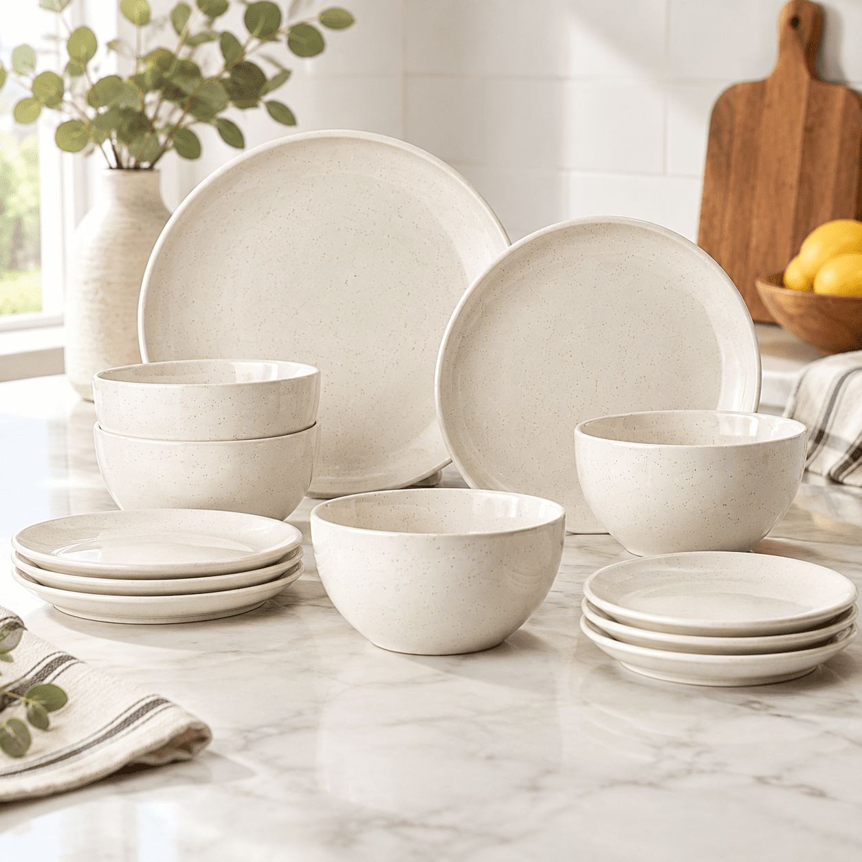 12 Piece Modern Stoneware Dinnerware Set For 4, White, Ceramic Kitchen ...