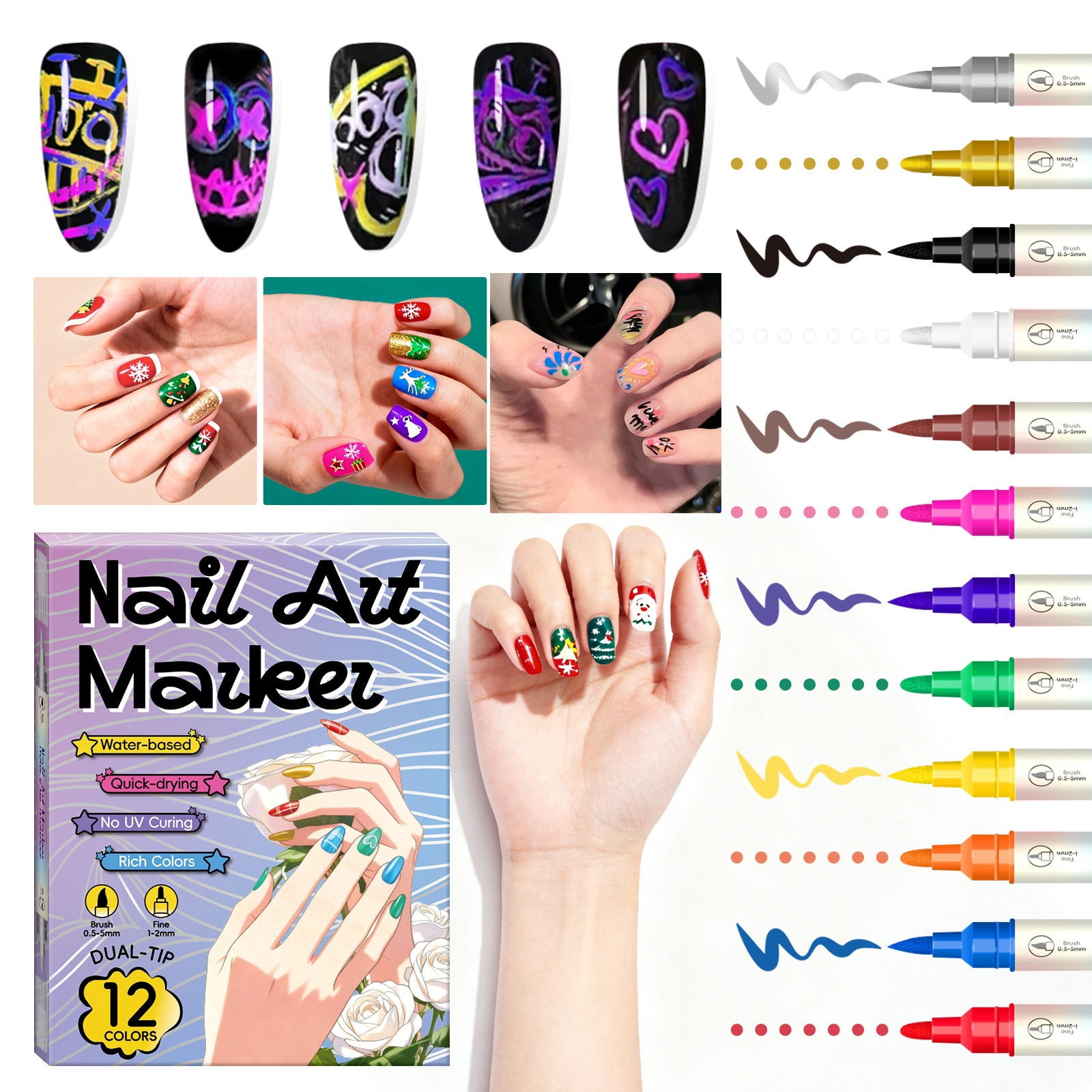 12-Piece Nail Art Brush Set With Vibrants Colors Easys To Apply For ...