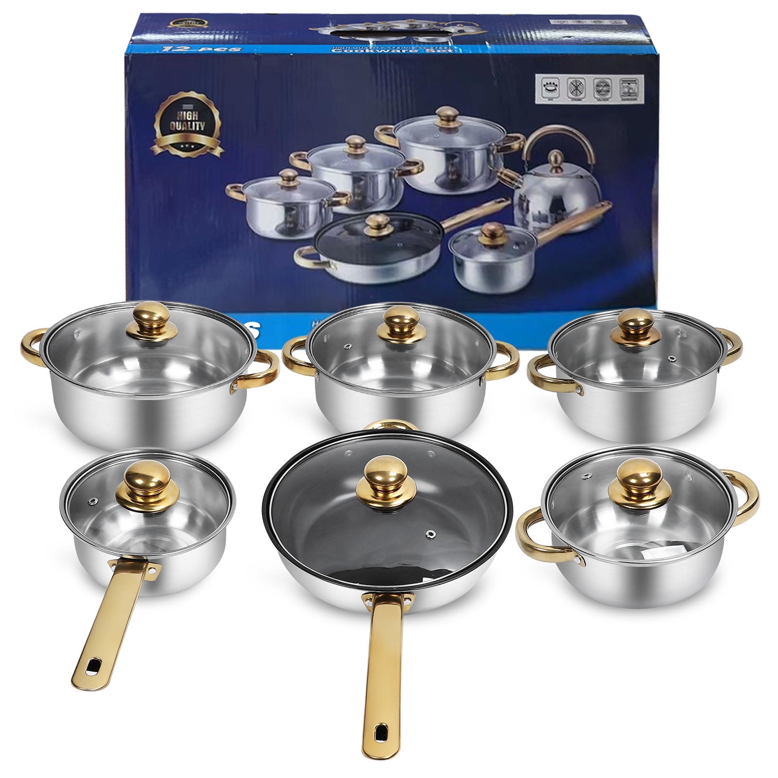 Large 12-Piece Stainless Steel Non-Stick Cookware Set, Full Kitchenware with Easy Clean Pots And ...